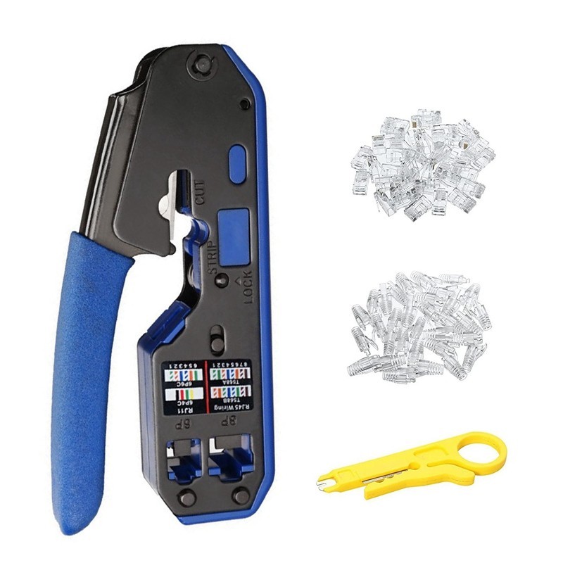 ☮RJ45 Crimp Tool Set All-In-One Stripper Cutter With 50 PC CAT6 Pass ...