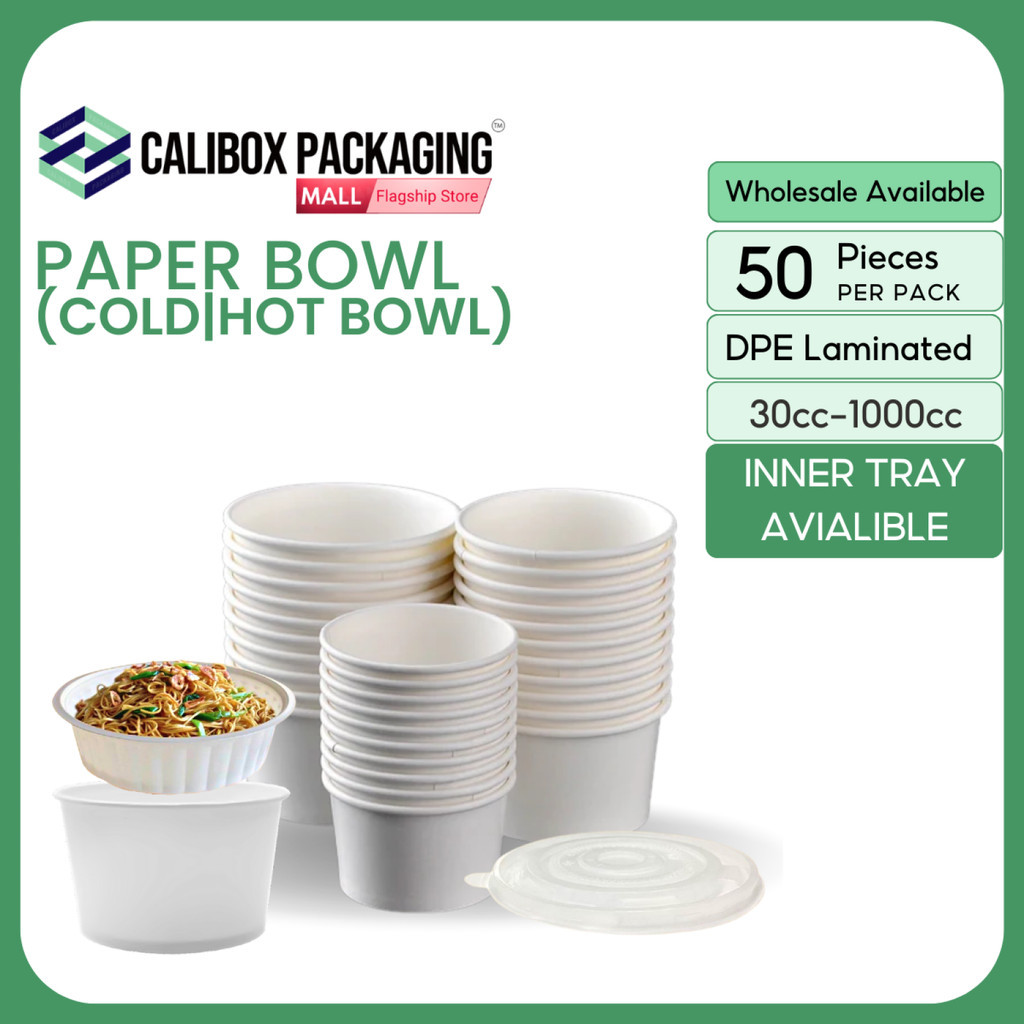 Calibox Packaging White Paper Bowl, Kraft Paper Bowl 50pcs (With Lid or ...