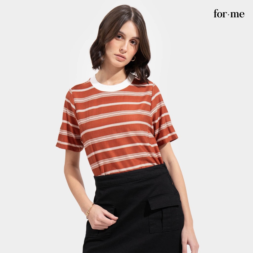 [Online Exclusive] ForMe Striped Round Neck Tee T-Shirt for Women (Rust ...