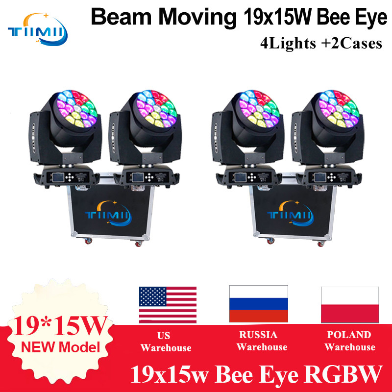 ☋No Tax 2case 4pcs Beam Zoom 19x15w RGBW LED Big Bee Eye Moving Head ...
