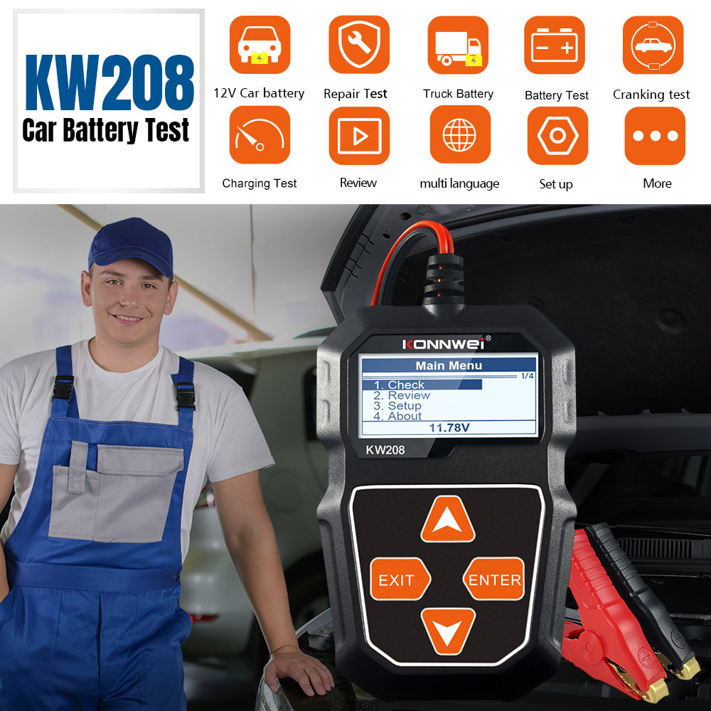 KONNWEI KW208 Battery Tester 12V Automotive Battery Charger Inspection ...