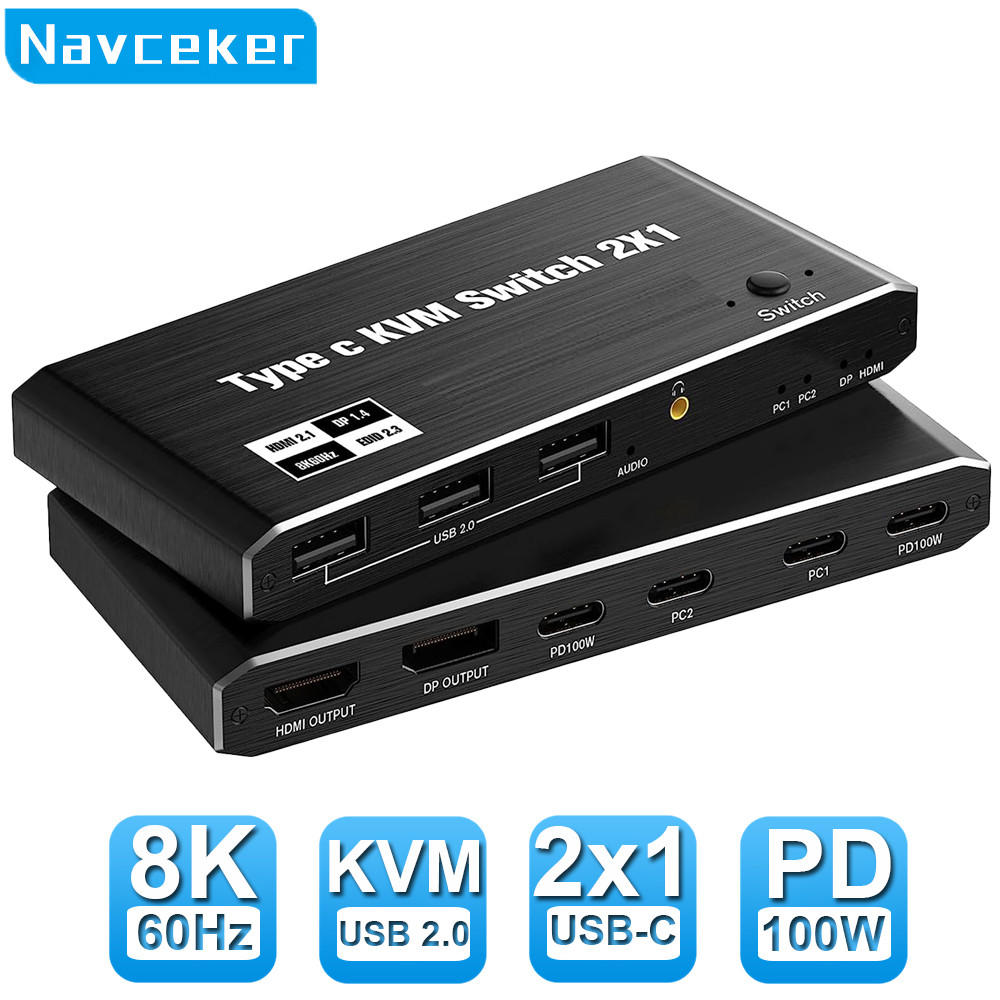 ♚Navceker 2x1 8K Thunderbolt 4 USB C KVM Switch 100W PD Charge 4K 144Hz Type C KVM Switch Switch ...