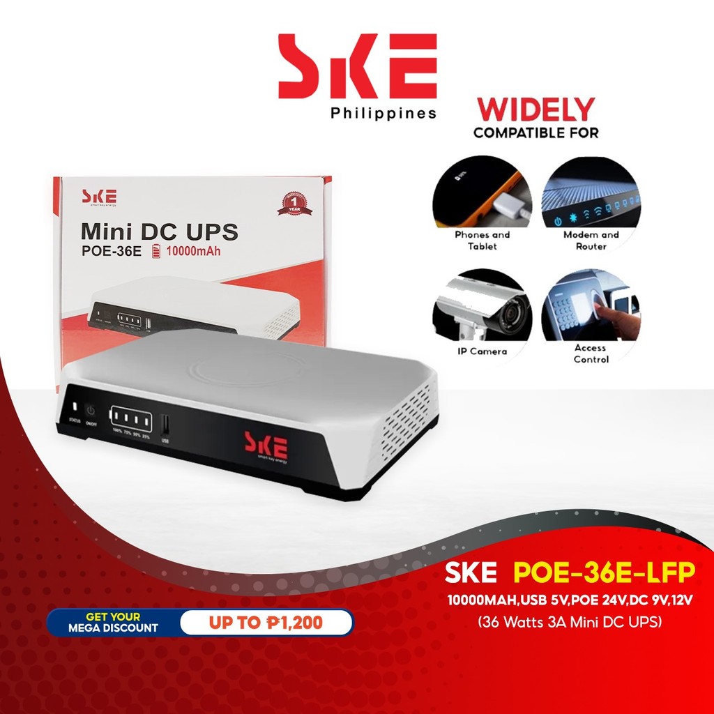 SKE POE-36E-LFP 36 Watts 3A Mini DC UPS ( 10000mAh,USB 5V,POE 24V,DC 9V,12V) | Shopee Philippines