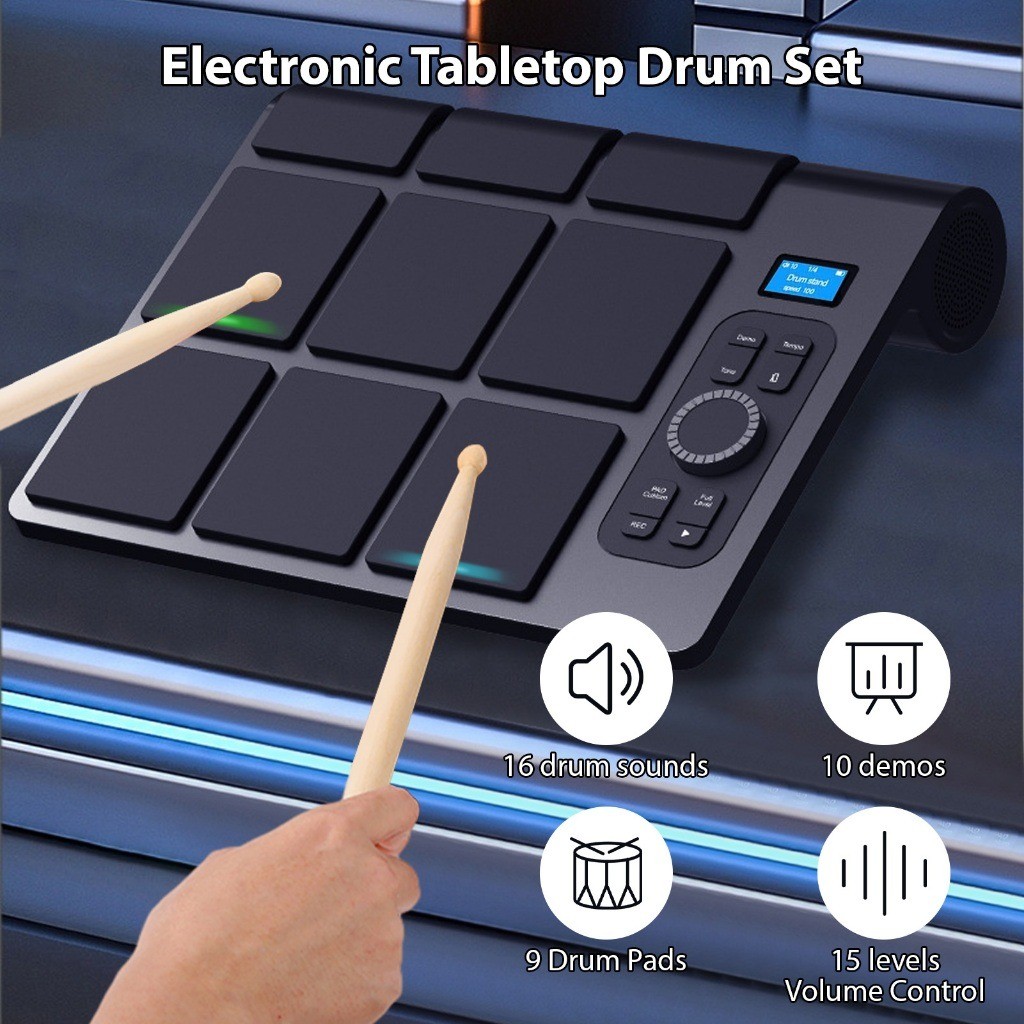 Portable Electronic Tabletop Drum Set with 2 Speaker 9 Pads Supports BT ...