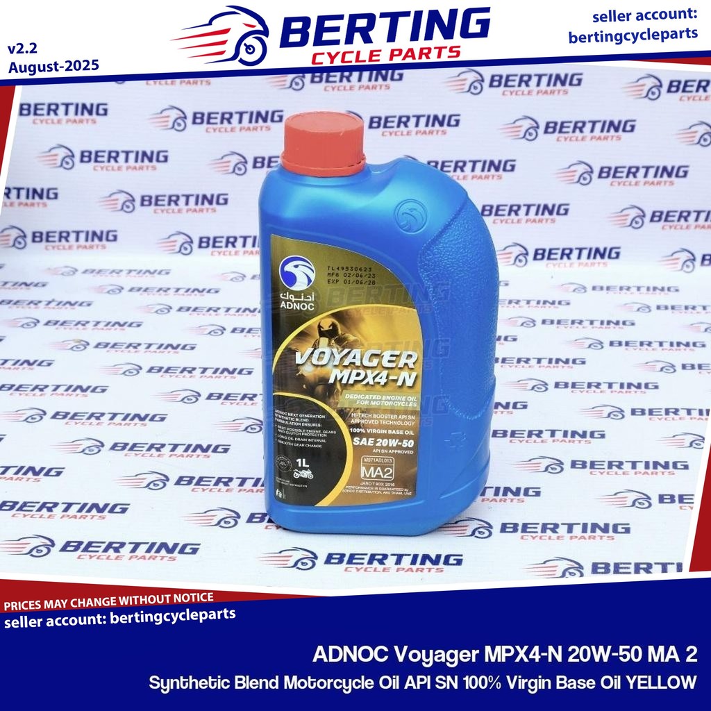 ADNOC Voyager MPX4-N 20W-50 MA 2 Synthetic Blend Motorcycle Oil API SN ...
