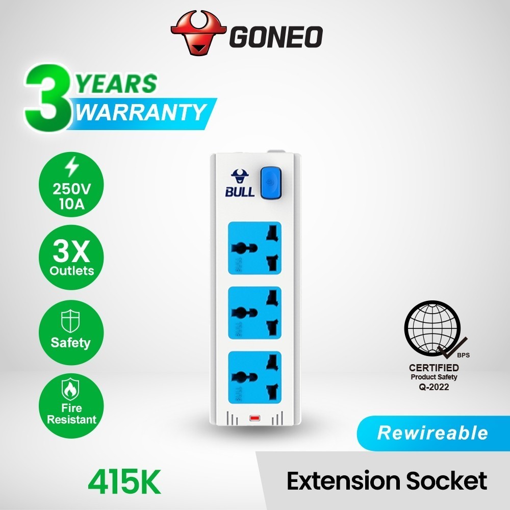 Bull Rewireable Extension Socket 413K 2500w 10A 3 Outlets with On/Off ...