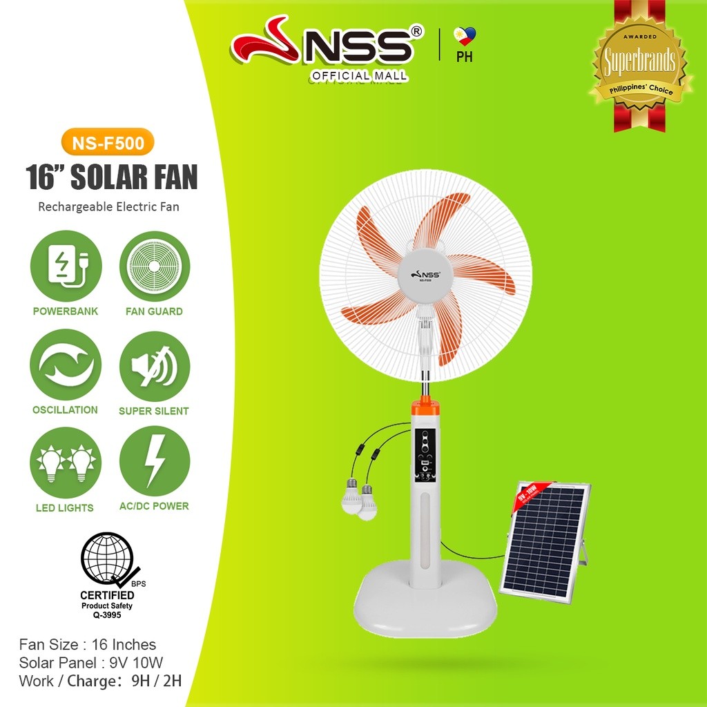 NSS 16‘’ Solar Electric Fan with LED Bulbs Solar Fan with Panel AC/DC ...
