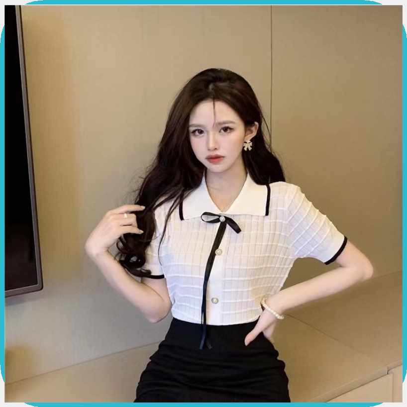 Women's|Qm Sweet)l>Knit)e>Blouse)c>Korean)d>Crop)g>Top Lapel Bow #F885 ...