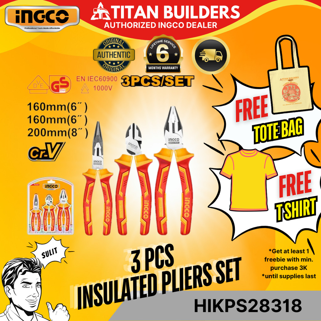 Ingco by Titan Insulated Pliers Set 3pcs 8" combination 6" long nose 6" diagonal pliers | Shopee ...