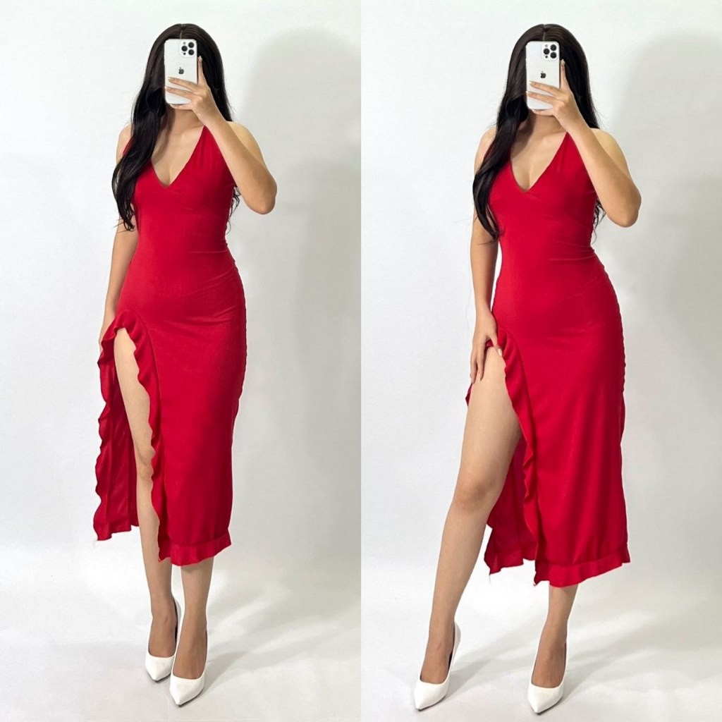 Bea Trimmed Ruffle Dress With Slit V Shape Neck Casual Wear For Women ...