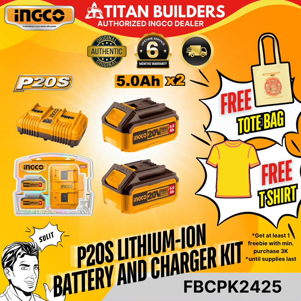 Ingco by Titan 20V Battery Kit 2x5.0Ah dual port charger LED fits all ...
