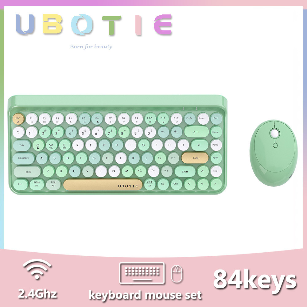 ☸UBOTIE Creamy Blue Wireless Keyboard and Mouse Combo Colorful Keyboard ...