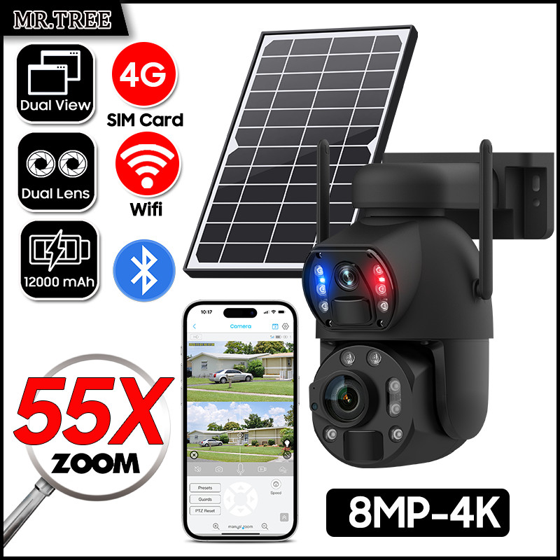 웃New 4K 55X Optical Zoom Dual Lens Solar Camera 4G Sim Card PTZ ...