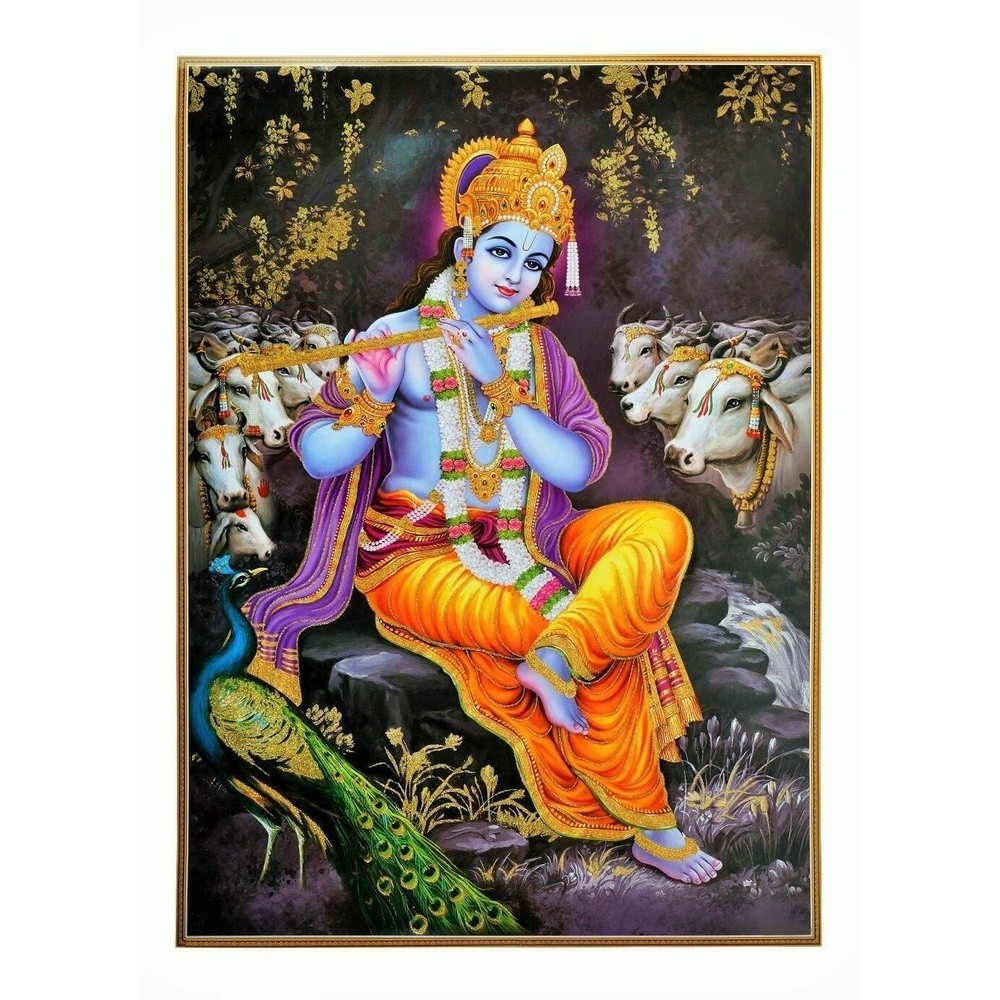 Vintage Den Zari Art Work Photo of Krishna Poster Big Without Framees Religious Decor 0723 ...