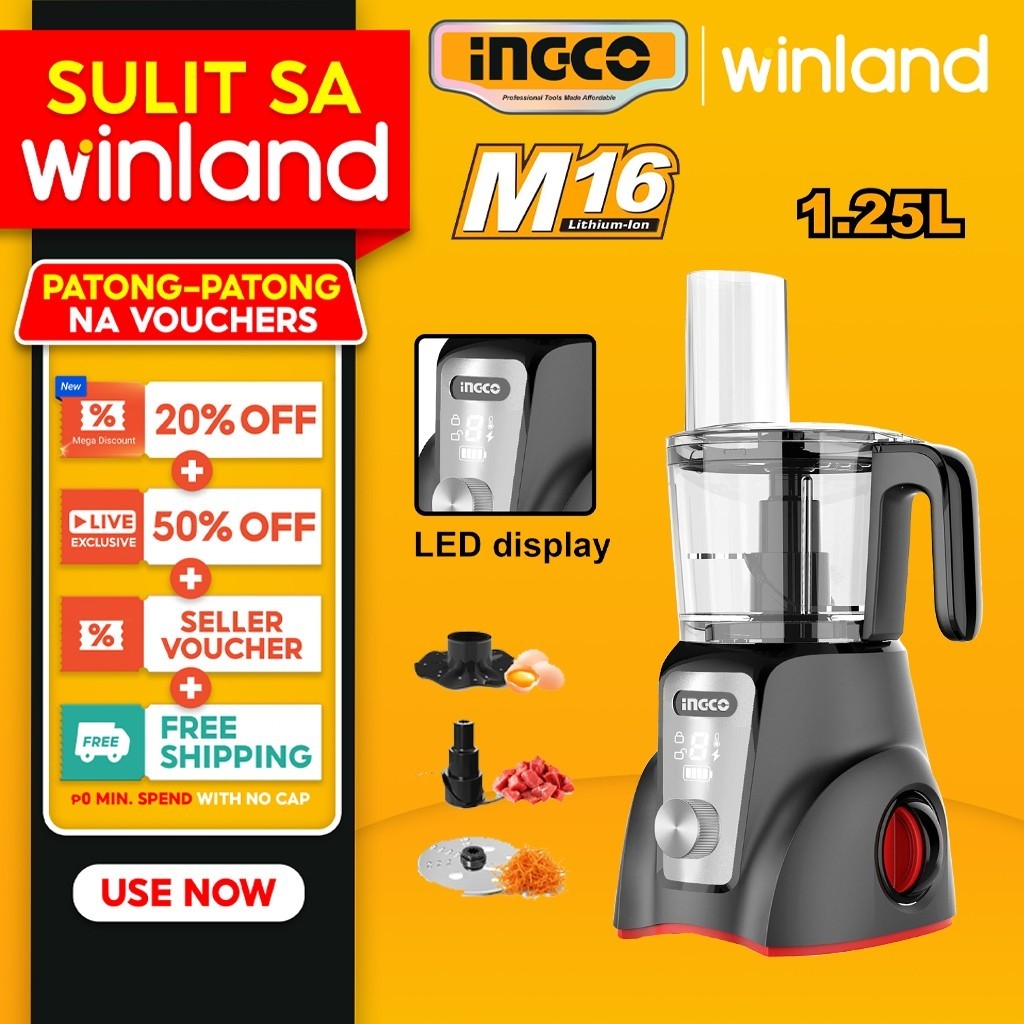 Ingco by Winland 1.25Liters (16V DC) 250W Cordless Food Processor ...