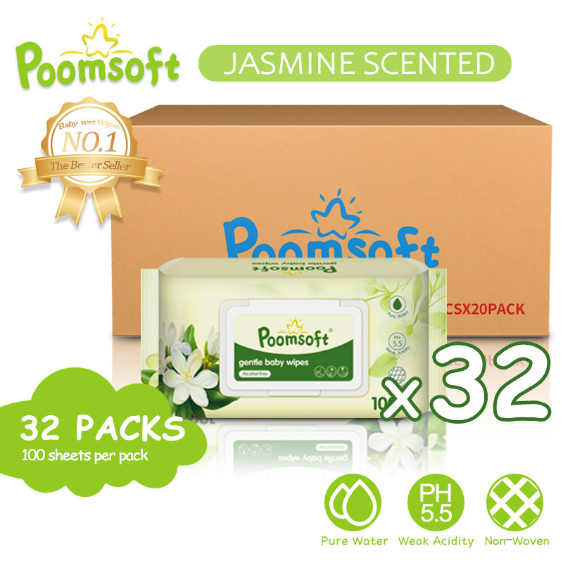 Poomsoft 32Packs x 100 Sheet Jasmine Disposable Non-Alcohol Safe Baby ...