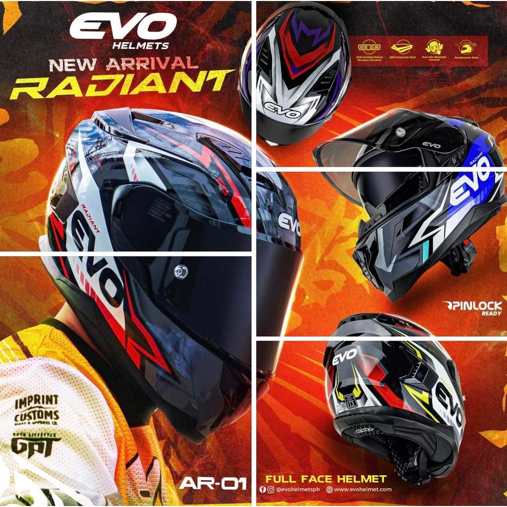EVO AR-01 RADIANT PIN LOCK READY FULL FACE DUAL VISOR WITH FREE CLEAR ...