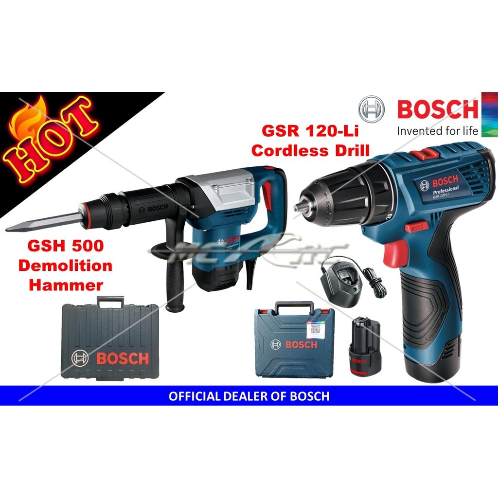 Bosch GSH 500 Demolition Hammer with Bosch GSR 120 Li Cordless Drill ...