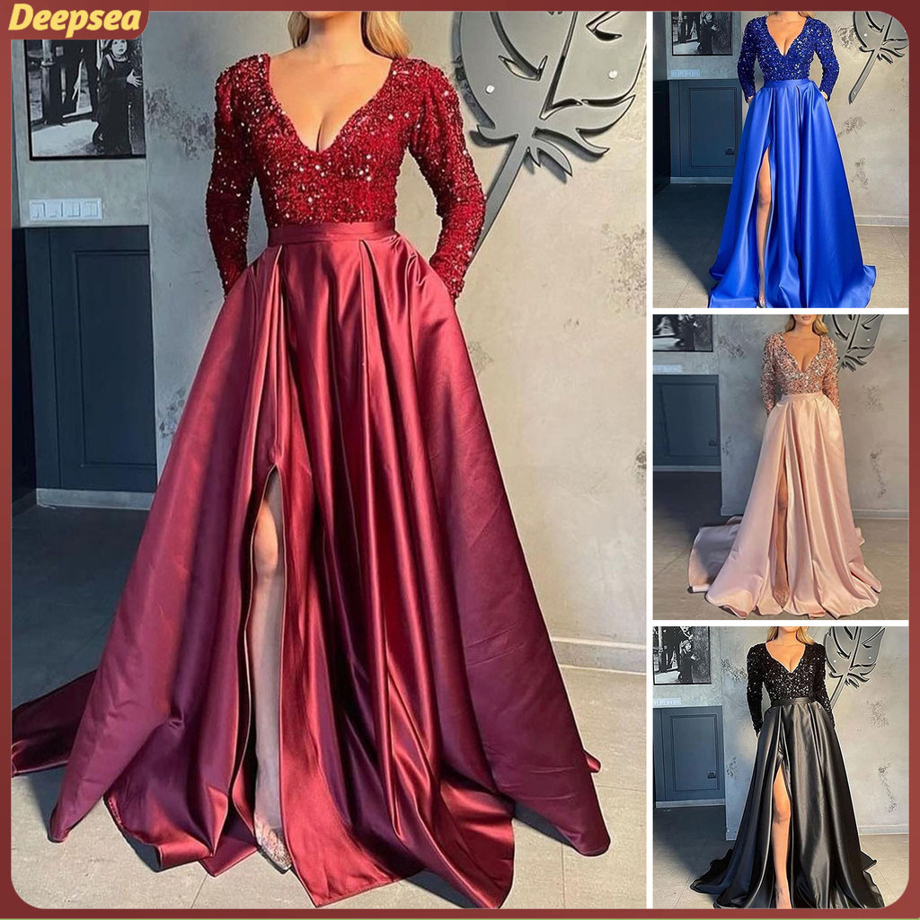 [deepsea] Low-cut Evening Dress Slim Fit Dress Sparkling V-neck Evening ...