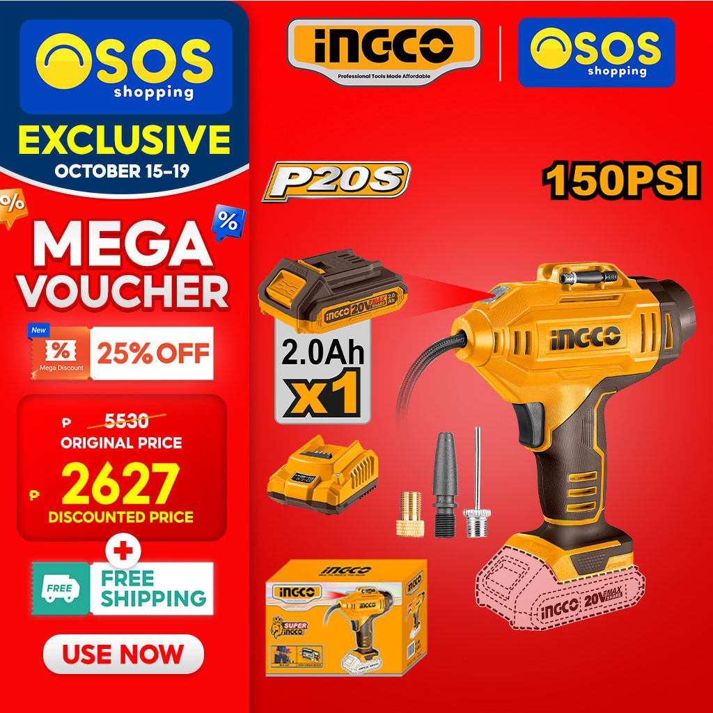 INGCO P20S Lithium-Ion Cordless Auto Air Compressor 20V 150PSI / 11Bar ...