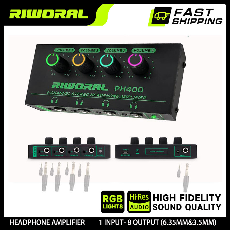 Headphone Amplifier 4 Channel Headphone Splitter Amplifier with 1/4" and 1/8" TRS Jack Input for ...