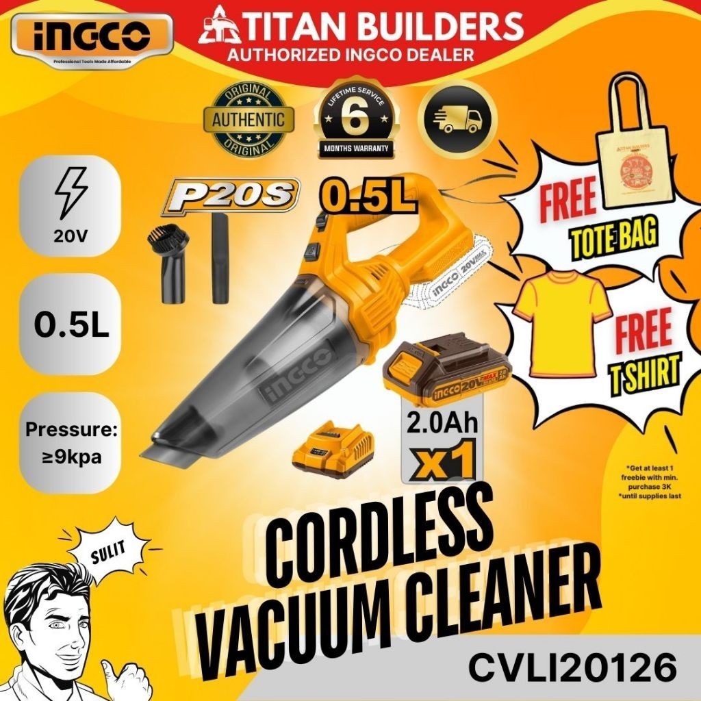 Ingco by Titan Cordless Vacuum Cleaner 20V P20S 0.5L 9kPa 2.0Ahx1 with ...