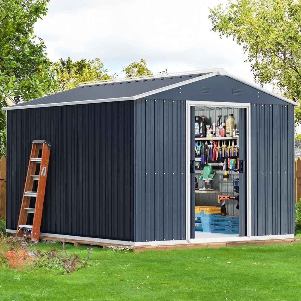 10X8X6 FT Outdoor Storage Shed, Utility Steel Tool Storage with Sliding ...