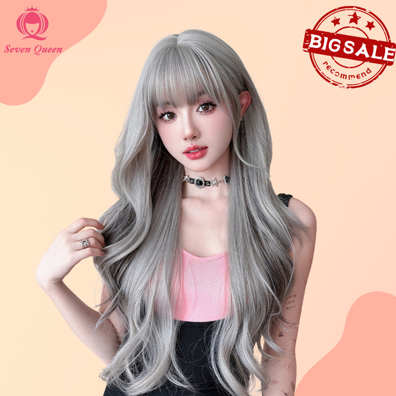 "Seven Queen"Wig 80cm long curly hair silver gray black big wave long natural high quality ...