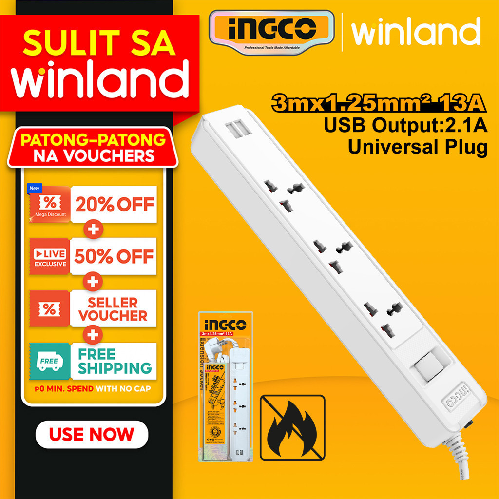 Ingco by Winland 3 Way Extension Cord Cable Wire Universal Socket with ...