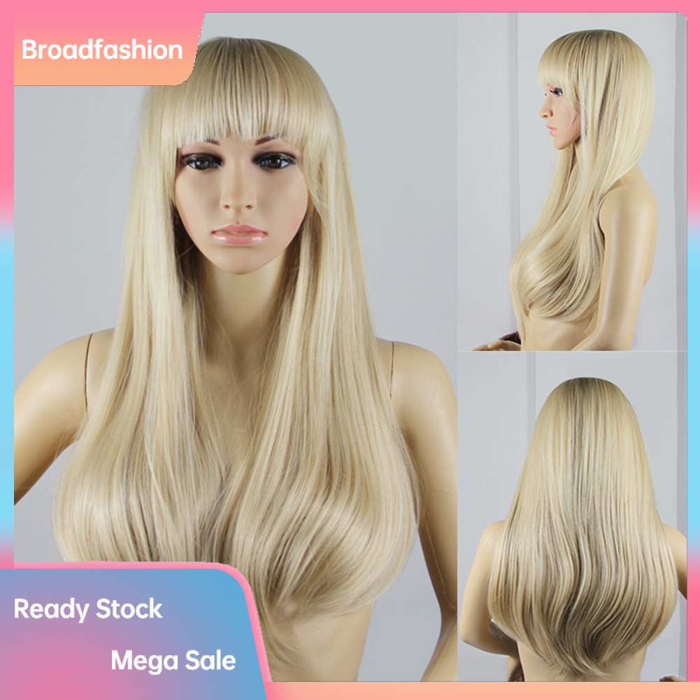 ♥BDF♥Modern Lady Golden Tone Neat Bangs Long Straight Full Wig COSPLAY ...