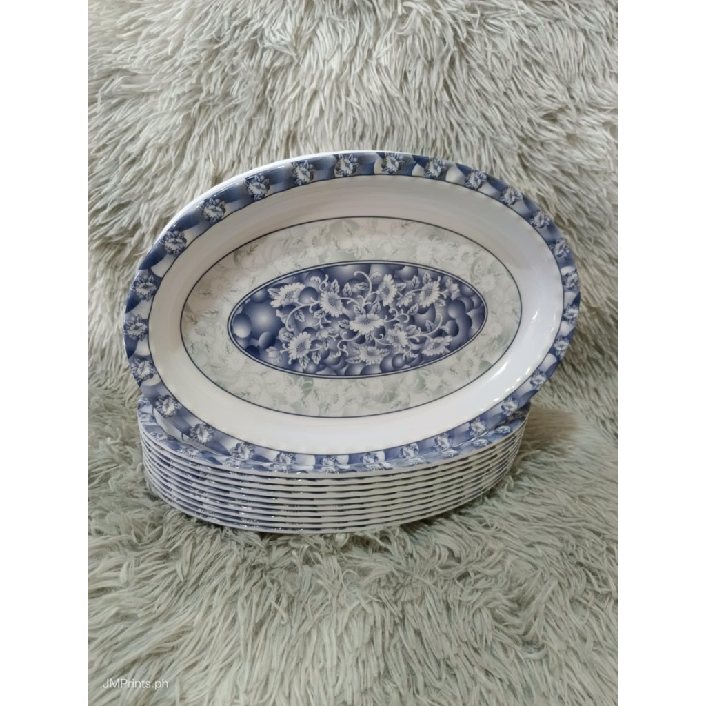 Classic Oblong Shaped Melamine Serving Plates with Blue Floral Print ...