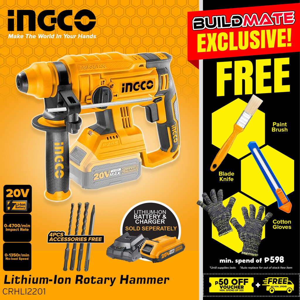 INGCO Cordless Rotary Hammer Chipping Gun Drill 20V CRHLI2201 BARE TOOL ...