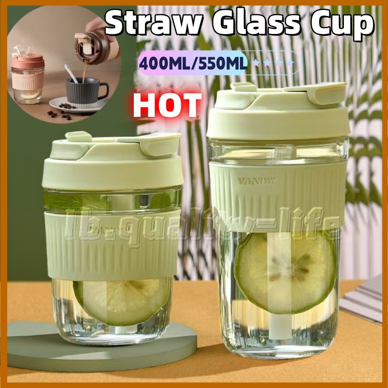 400/450/550ML Glass Travel Coffee Mug Reusable Dual Drinking Bottles With Lid And Straw Water ...