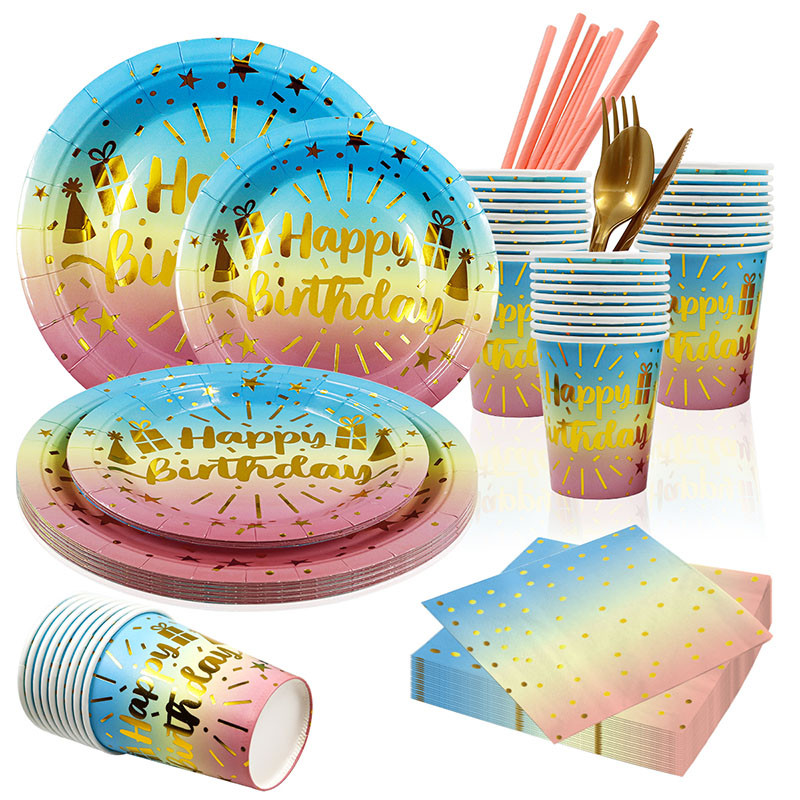 10 Guest Rainbow Gradient Color Happy Birthday Disposable Tableware Set ...
