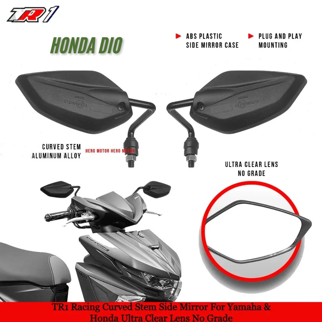 HONDA DIO ORIGINAL TR1 Racing Curved Stem Side Mirror Ultra Clear Lens ...
