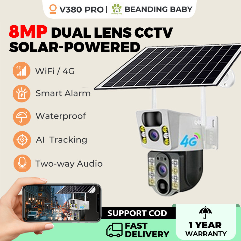 V380 Pro Solar CCTV Camera 8MP Outdoor Dual Lens CCTV No WiFi Needed 4G SIM Card Wireless ...