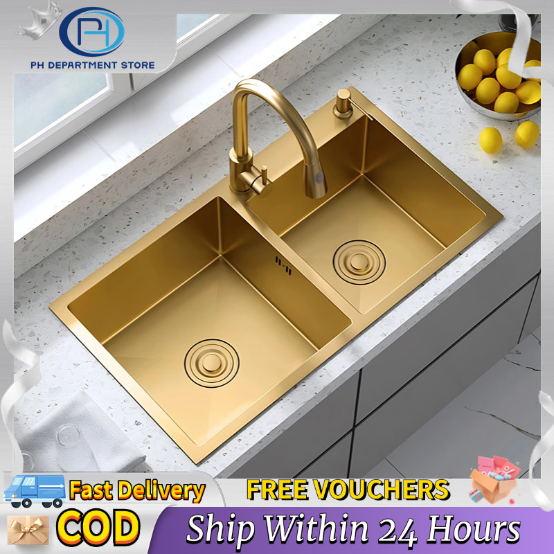 Full new nano gold plated sink Large double tank 304 stainless steel ...