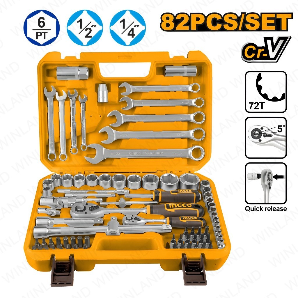 Ingco by Winland 82PCS/Set 1/4in|1/2in Socket Set High Quality Cr-V Steel Material HKTS42802 ING ...