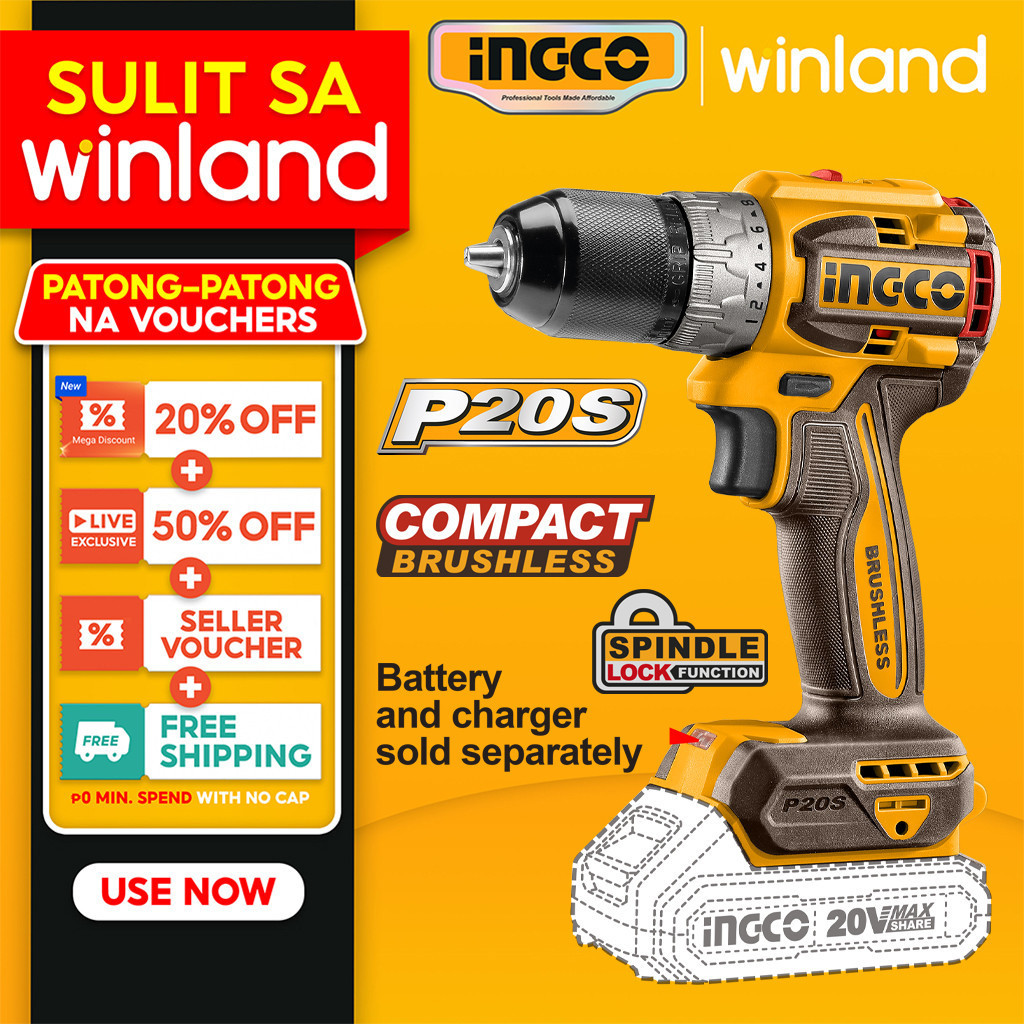 Ingco by Winland Lithium-Ion Compact Brushless Cordless Drill 20V w ...