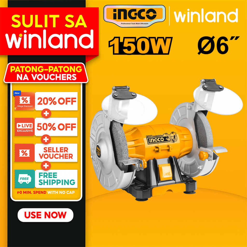 Ingco by Winland 6" Industrial Double Wheeled Bench Grinder 1/4HP with ...