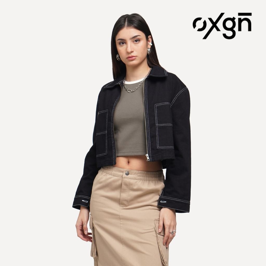 OXGN Contrast Detail Boxy Barn Jacket For Women (Black) | Shopee ...