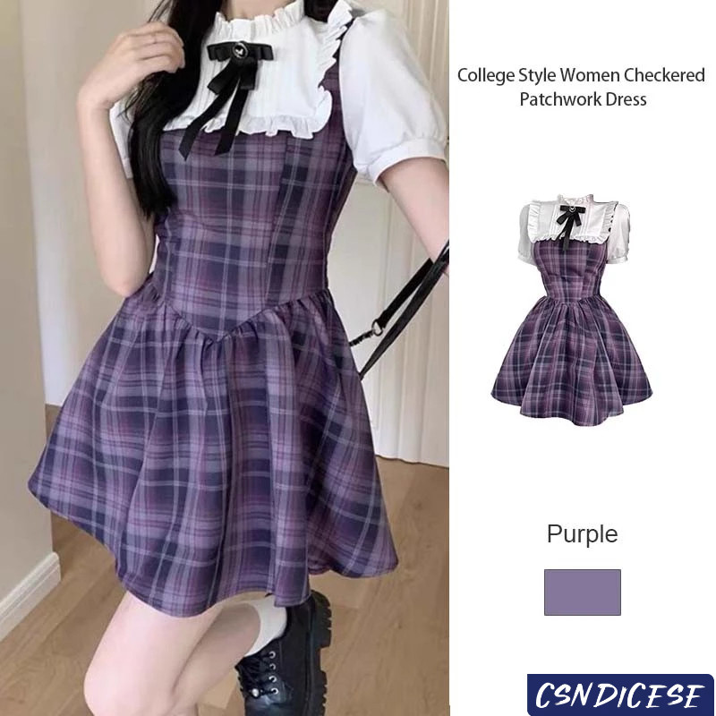 College Style Dress Women Checkered Patchwork Dress Slim Fitting Hot ...