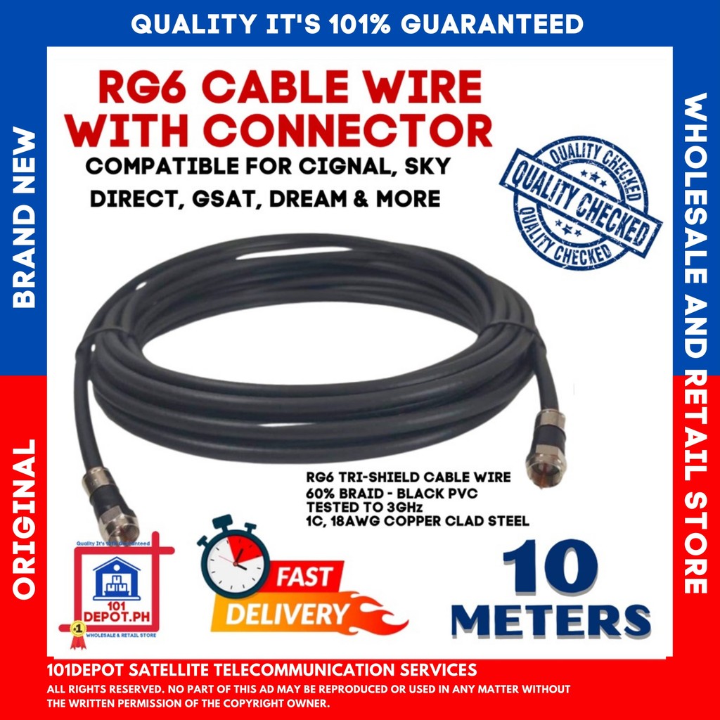 RG6 CABLE WIRE WITH CONNECTOR (10 meters) | Shopee Philippines