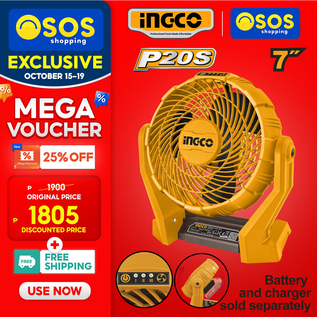 INGCO 7 inches/3-Speed Cordless Lithium-Ion Fan/Electric Fan 20V ...