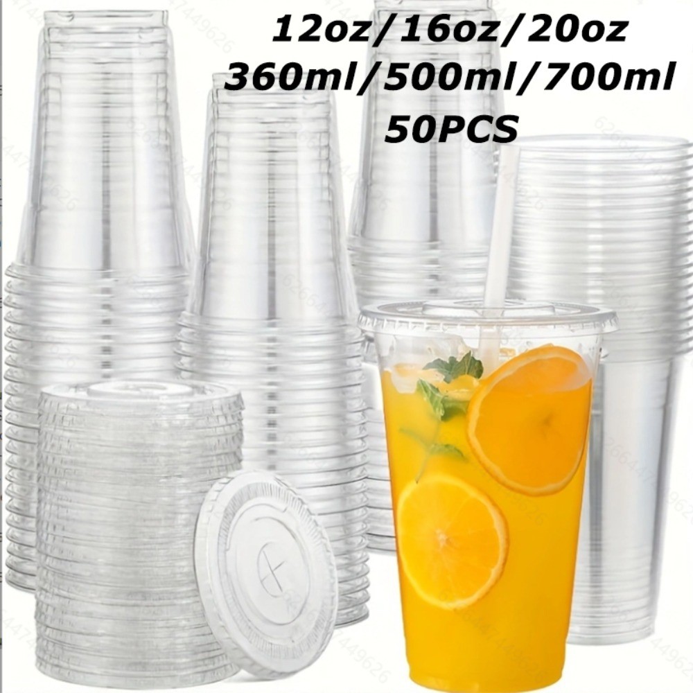 50PCS Disposable Plastic Cups with Lids for Ice Coffee Cold Drinks ...