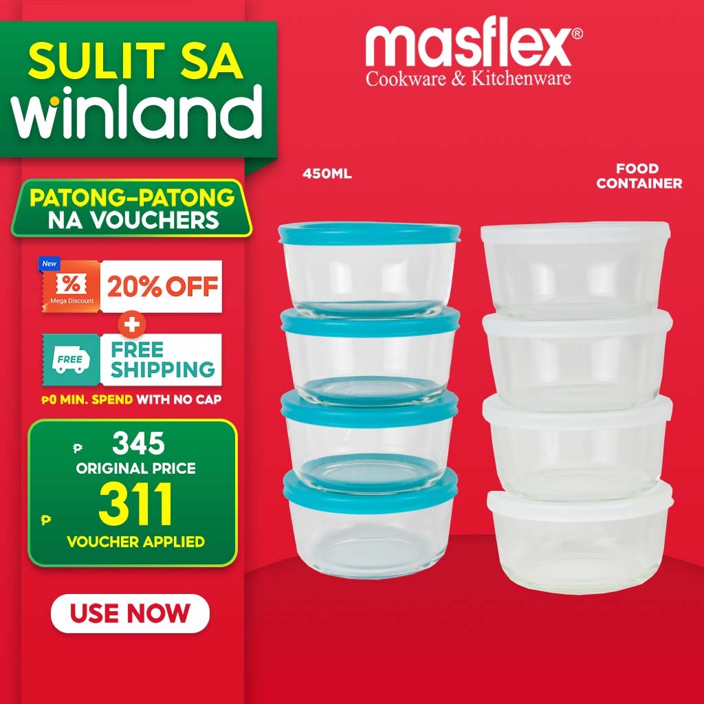 Masflex by Winland 4 Pieces Borosilicate Glass 450ml Food Container ...