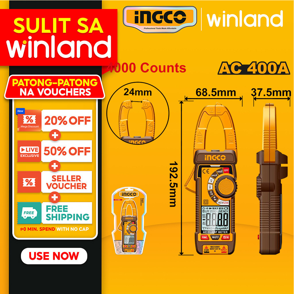Ingco by Winland Digital AC TRUR RMS 4000counts Digital Clamp Meter ...