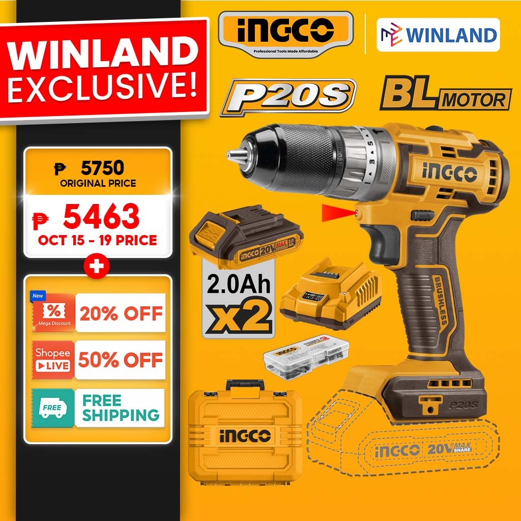Ingco by Winland P20S 20V Lithium-Ion Cordless Brushless Impact Drill CIDLI20508 ING-CT | Shopee ...