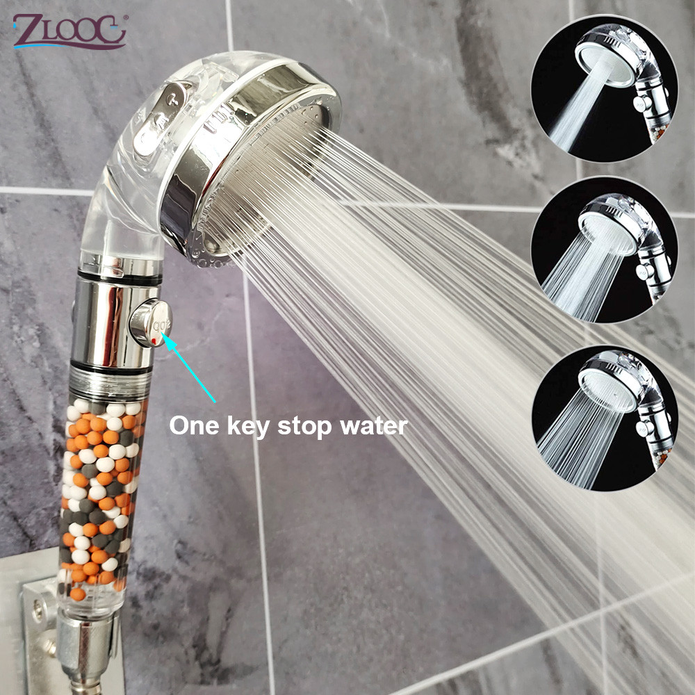 Zloog Bathroom Shower Head 3 Modes Black Shower with Stop Button High ...