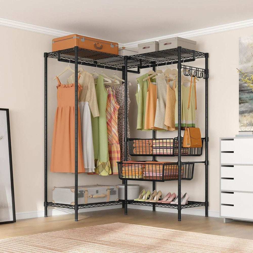 Clothing Rack for Hanging Clothes, L Shaped Garment Rack with Slide ...